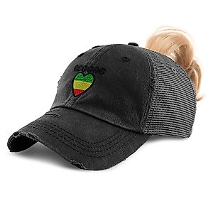 Womens Ponytail Cap Love Reggae Jah Heart Embroidery Cotton Distressed Trucker Hats Strap Closure Black