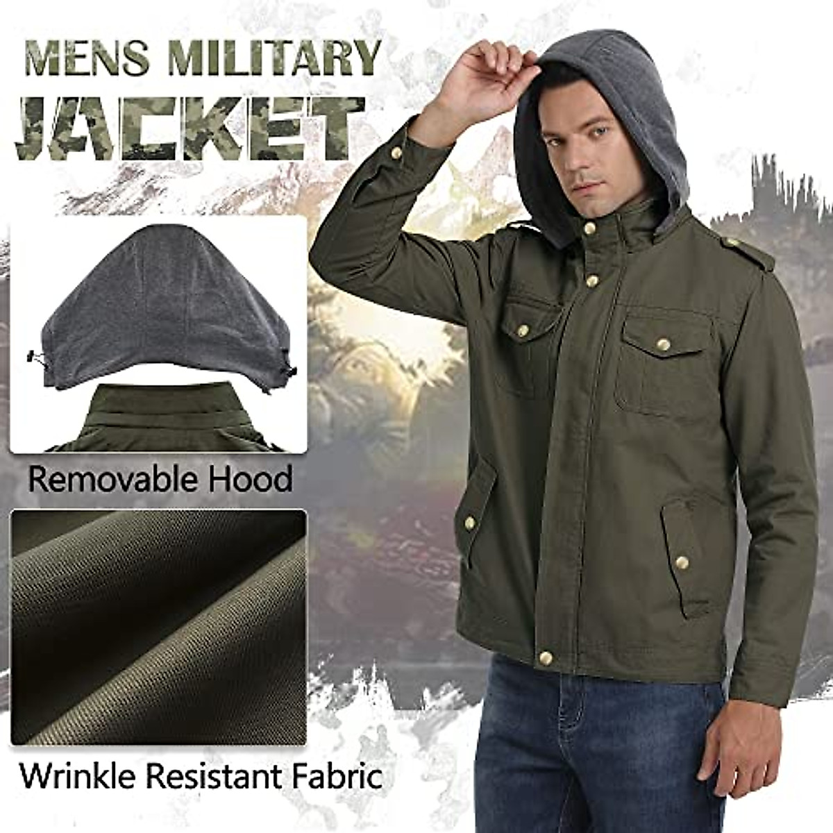 Men's Military Jacket Casual Cotton Lightweight Windbreaker with Removable Hood (Large, Army Green)