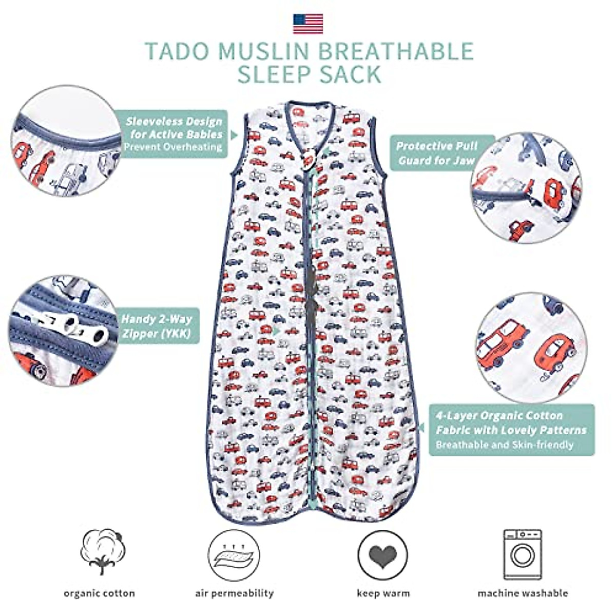 TADO MUSLIN Toddlers Sleeping Sack 100% Organic Cotton Kids Wearable Blanket 0.5 TOG(2-4T)