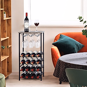 Wine Bottle Holder, Wine Rack Freestanding Floor with Glass Holder Rack, Wood Tabletop & 16 Bottles Holder, Wine Liquor Cabinet Bar for Home Kitchen, Dining Living Room, Gray Oak