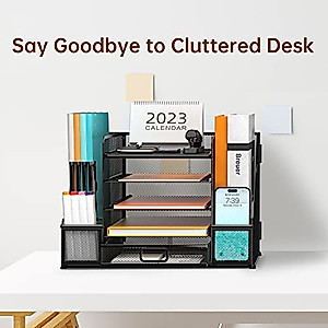 DALTACK Desk Organizer with File Holder, 5-Tier Paper Letter Tray Organizer with Magazine Holder and Drawer, Desk Organizers and Accessories for Office School Supplies, Black, Metal Mesh