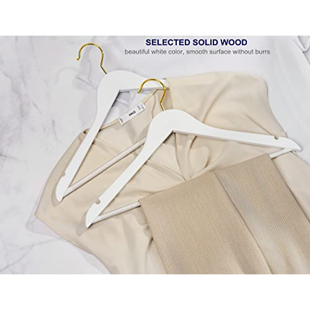 Amber Home Solid Wood Suit Coat Hangers 30 Pack, Smooth White Finish Wooden Dress Hangers with Non Slip Pant Bar, Clothes Hangers with Gold Hook & Notches for Jacket, Pant, Shirt (White+Gold, 30)