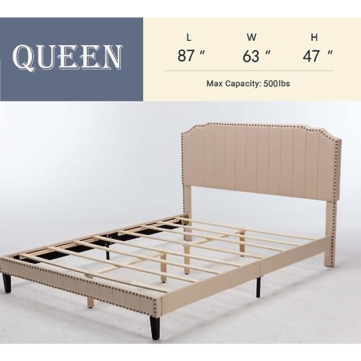Queen Size Linen Upholstered Platform Bed Frame with Soft Curved Headboard and Wooden Slats Support, No Box Spring Needed for Boys Girls Teens Adults, Noise-Free, Under Bed Storage (Beige)