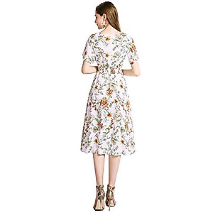 Chiffon Floral Summer Sun Beach Dresses for Women 2023 with V Neck Elastic Waist White Flower M