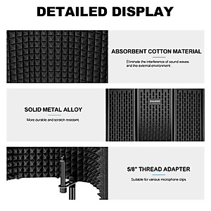Aokeo Microphone Isolation Shield, Foldable Mic Shield with Triple Sound Insulation, Reflection Filter with 3/8" and 5/8" Mic Threaded Mount for Recording Studio, Podcasts, Singing, and Broadcasting