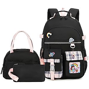 Hey Yoo Cute Backpack for School Backpack for Girls Backpack with Lunch Box Bookbag Set Kids Backpacks for Teen Girls (Black)