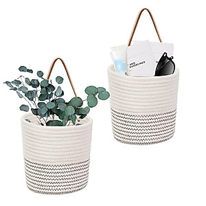HIGOGOGO 2 Pack Wall Hanging Cotton Storage Baskets, Small Rope Baskets with Leather Handle Door Closet Organizer Woven Baskets for Keys, Wallet, Plants, Towels, Toys, 7.87" x 7"