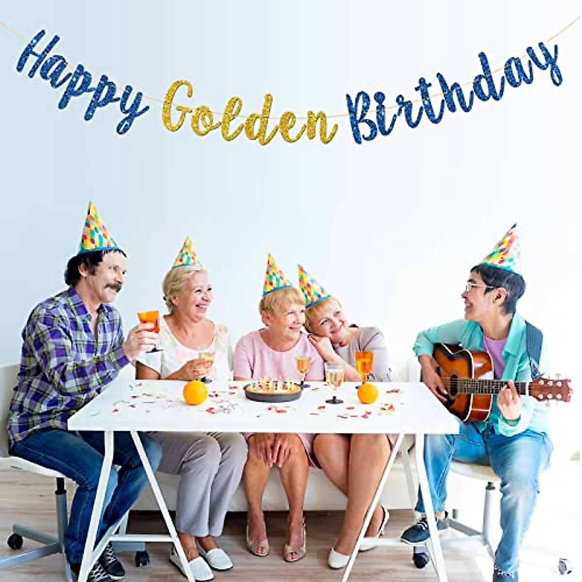 Talorine Happy Golden Birthday Banner, Happy Birthday Party Decor, 21st, 25th, 30th, 40th 50th 60th Birthday Party Decorations (Blue & Gold Glitter)