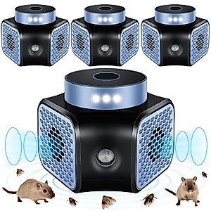 Qualirey 4 Pack Mouse Repellent, 360° Ultrasonic Rodent Repellent Indoor Mice Repellent, Squirrel Pest Repeller Plug-in 4 Modes Bat Spider Deterrent with 9 Strobe Lights Attic Garage House RV(Blue)