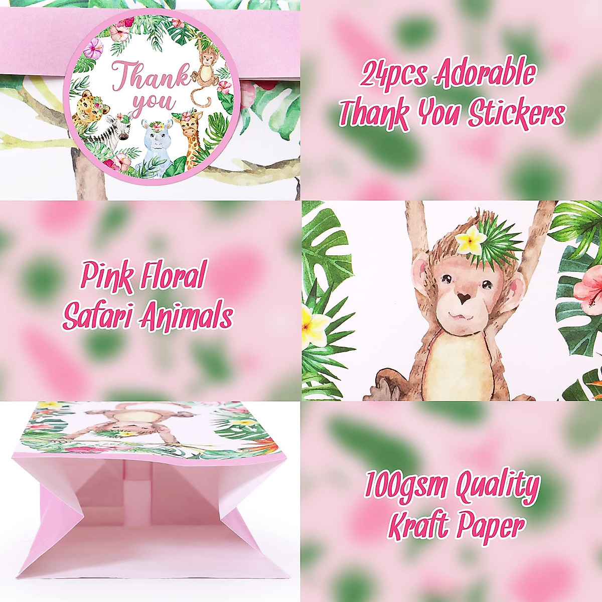 Safari Goodie Bags Jungle Party Favors Bags Pink Floral Wild Animals Treat Candy Gift Paper Bags with Thank You Stickers for Birthday Party Supplies Decorations Set of 24