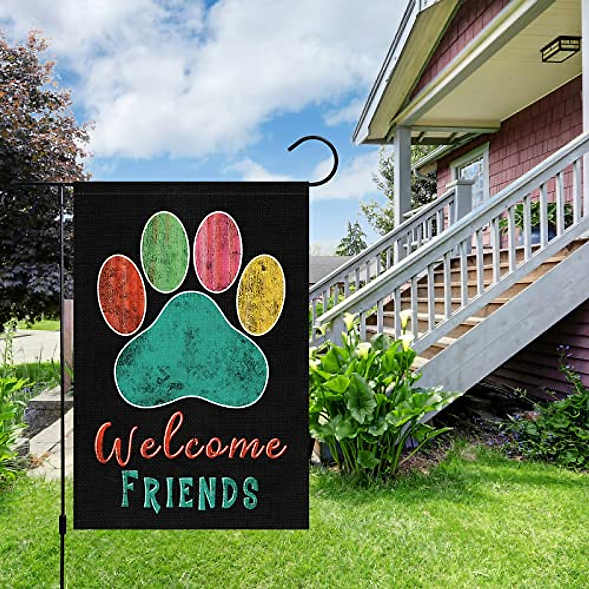 Welcome Dog Paws Garden Flag 12x18 Double Sided, Small Burlap Dog Garden Yard Flags Welcome Friends for House Outside Outdoor Holiday Decor (ONLY FLAG)