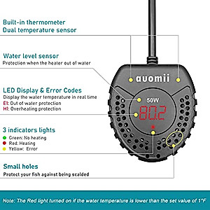 auomii Mini Submersible Aquarium Heater, 50W/100W Small Fish Tank Heater, Built-in Thermometer, 2 LED Temperature Display, External Temperature Controller, Smart Memory, 50W (1-10Gallons)
