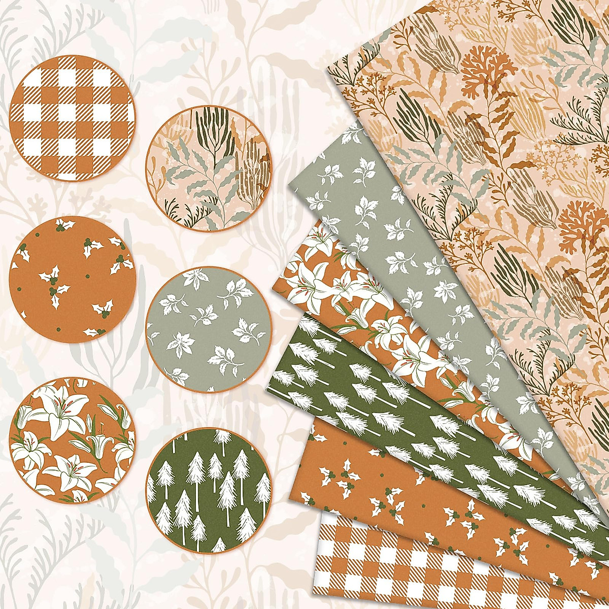 JarThenaAMCS 6Pcs Boho Cotton Fabric Bundles Retro Tree Plaid Fat Quarters Green Orange Flower Sewing Fabrics for Fall DIY Crafts Party Decor