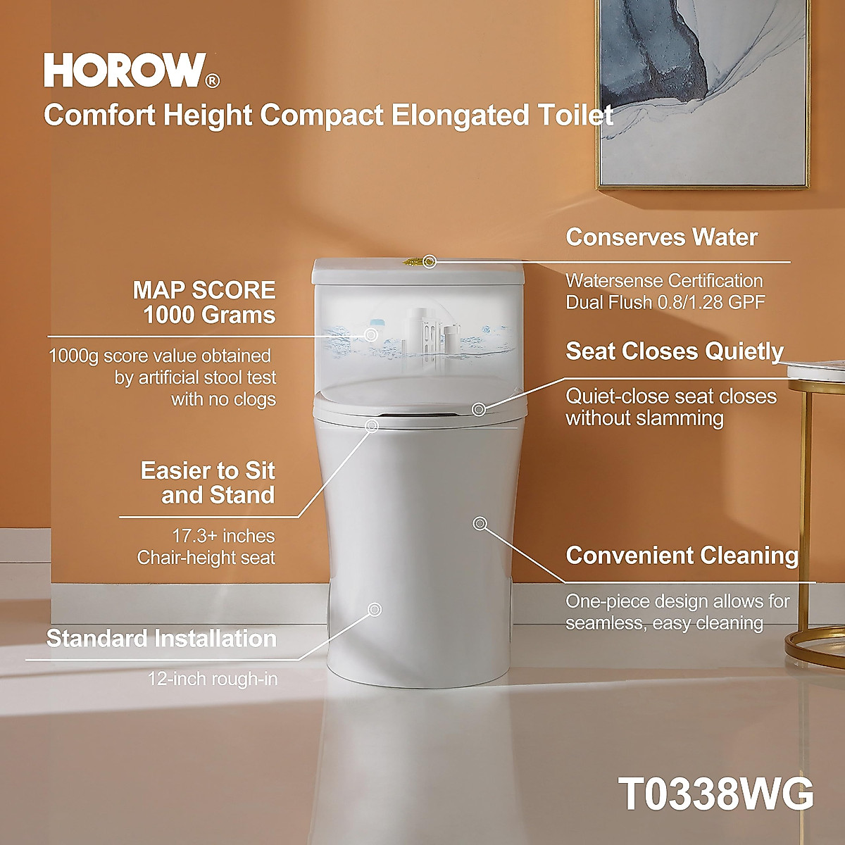 HOROW T0338WG One Piece Toilet with Gold Button, Elongated Toilet with Comfort Seat Height, ADA Chair Height 17.3", Dual Flush 0.8/1.28 GPF & MAP 1000g, Standard White Toilet Bowl, Gold Tank Button