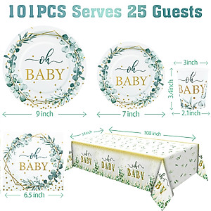 Gudvilla Sage Green Baby Shower Plates and Cups and Napkins Sets, with Sage Green Tablecloth, Baby Shower Decorations Neutral, Oh Baby Plates for Boho Baby Shower Decorations Sage Green, Serves 25
