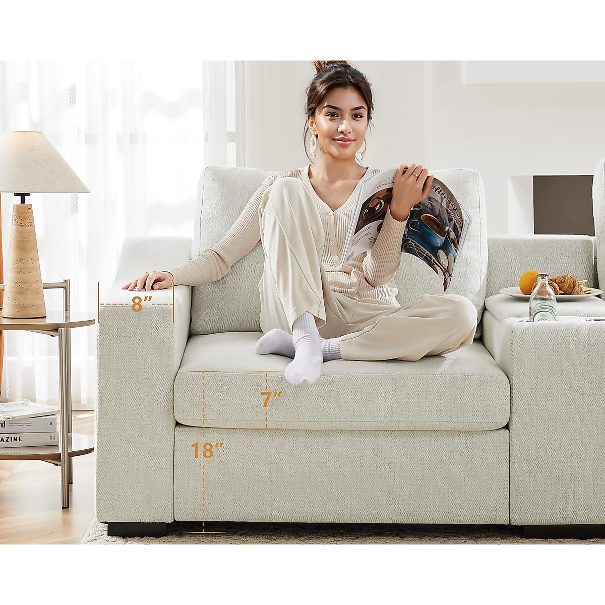 Luxury Sectional Sofa with Console, 2 Cup Holders, Upholstered Modern Linen Fabric 6-Seat Couch with Sloped Armrests & Detachable Cover, Modular Sofas Couches for Living Room, Apartment, Office, Ivory