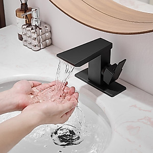 BESy Waterfall Matte Black Bathroom Faucet, Single Hole Or Three Hole Bathroom Sink Faucet with Pop Up Drain, with cUPC Supply Lines Single Handle Vanity Faucets, 6 Inch Deck Plate, Stainless Steel