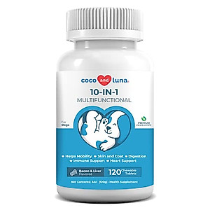 10 in 1 Multivitamin for Dogs - 120 Chewable Tablets - Hip and Joint Support with Glucosamine and Chondroitin - Omega Fish Oil & Vitamins with Coq10 for Skin & Heart Health, Gut & Immune Support