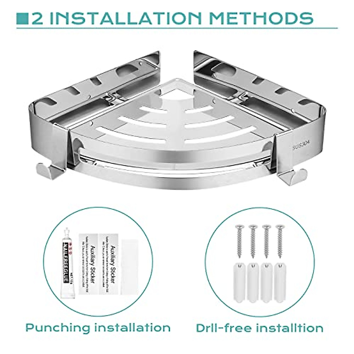 Misounda Shower Rack, Corner Shower Caddy with 4 Hooks - 2 Pack, No Drilling Wall Mounted Shower Caddy, Shower Organizer for Bathroom Storage - Small