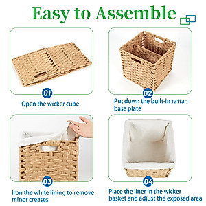 Bidtakay Wicker Storage Baskets with Liners 11x11 Storage Cube Bins with Handles Imitation Water Hyacinth 4-Pack Waterproof Woven Storage Baskets for Organizing Rattan Baskets Organizer-Natural