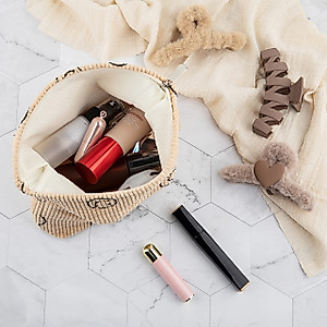 GUTGNK Makeup bag for Women, Corduroy Cosmetic Bag Aesthetic Design Ladies Tote Bag,Cute Smiley Face Makeup Organizer with Zipper - Khaki