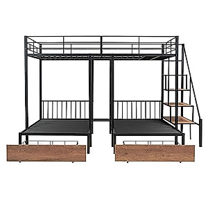 ATY L-Shaped Triple Bunk Beds with 2 Drawers, Full Over Twin & Twin Bunkbeds w/Storage Staircase, Metal Bedframe for 3 People, Save Space, Bedroom & Dorm Supplies, No Spring Required Needed, Black