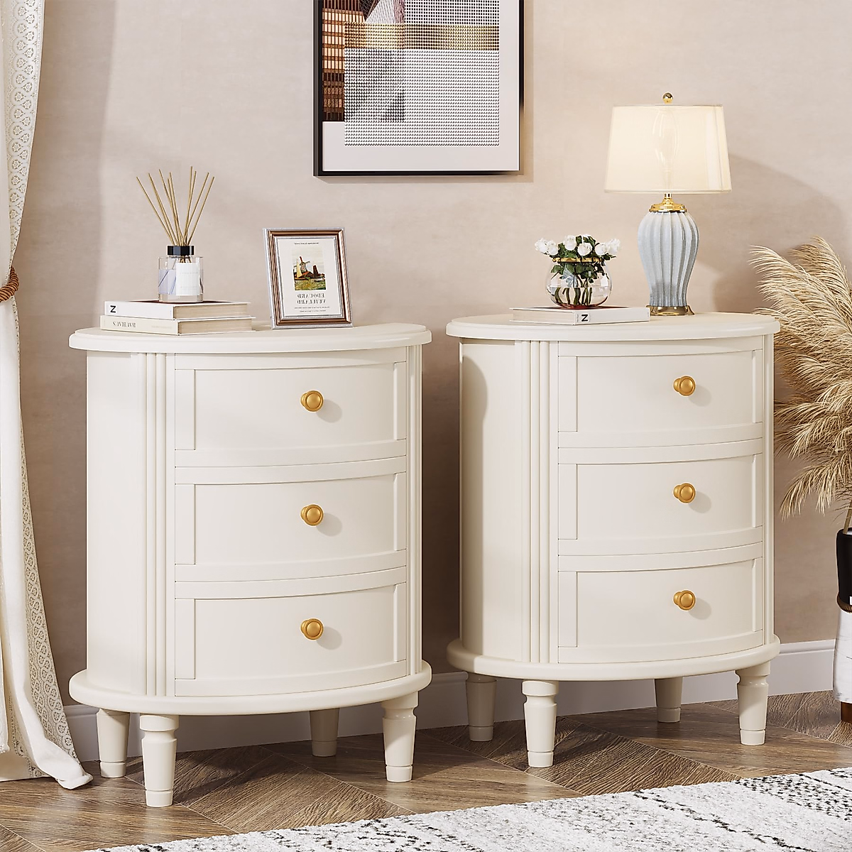 Tribesigns Nightstand with 3 Drawers, Oval Bed Side Table for Bedroom, Fully Assembled, Modern Night Stand with Storage, Wooden Side End Table with Solid Wood Legs for Living Room, Beige White