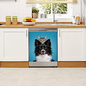 Dishwasher Magnet Sticker Border Collie Dog Portrait with a Hiding cat Behind Magnetic Refrigerator Sticker Appliance Covers Home Kitchen Decor for Fridge Metal Door Garage 23x26in