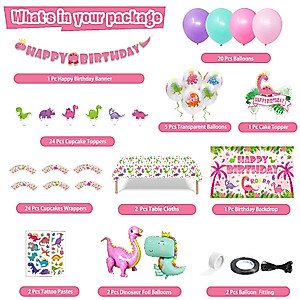 Mpanwen Girl Dinosaur Birthday Party Supplies, Pink Dinosaur Dino Party Decorations for Girls Baby - Backdrop, Banner, Cake, Cupcake Toppers, Cupcakes Wrappers, Balloons and Tablecloth