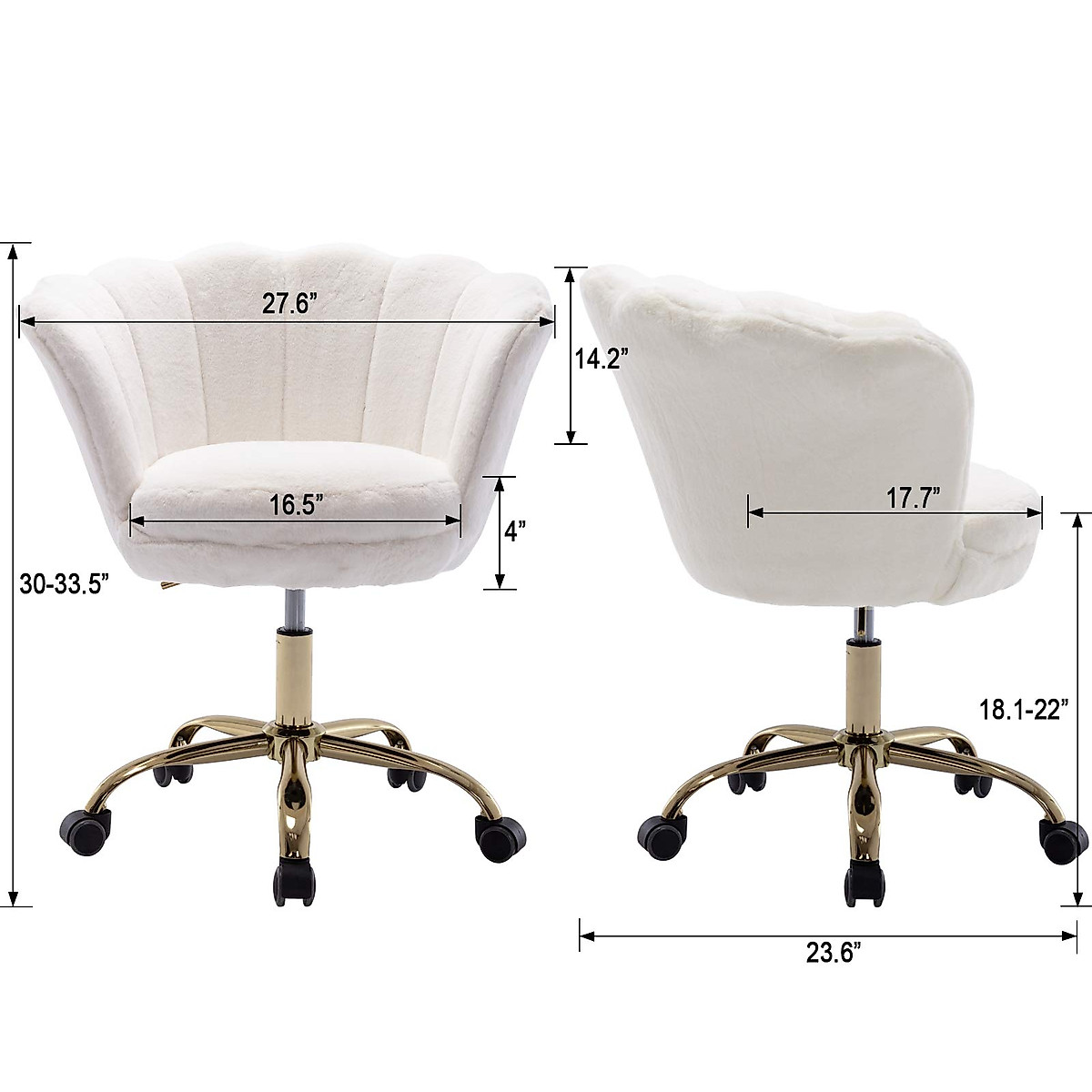 White Desk Chair Fluffy Task Vanity Chair Home Office Chair Adjustable Rolling Swivel Chair with Wheels for Teens Adults Bedroom Study Room, Faux Fur