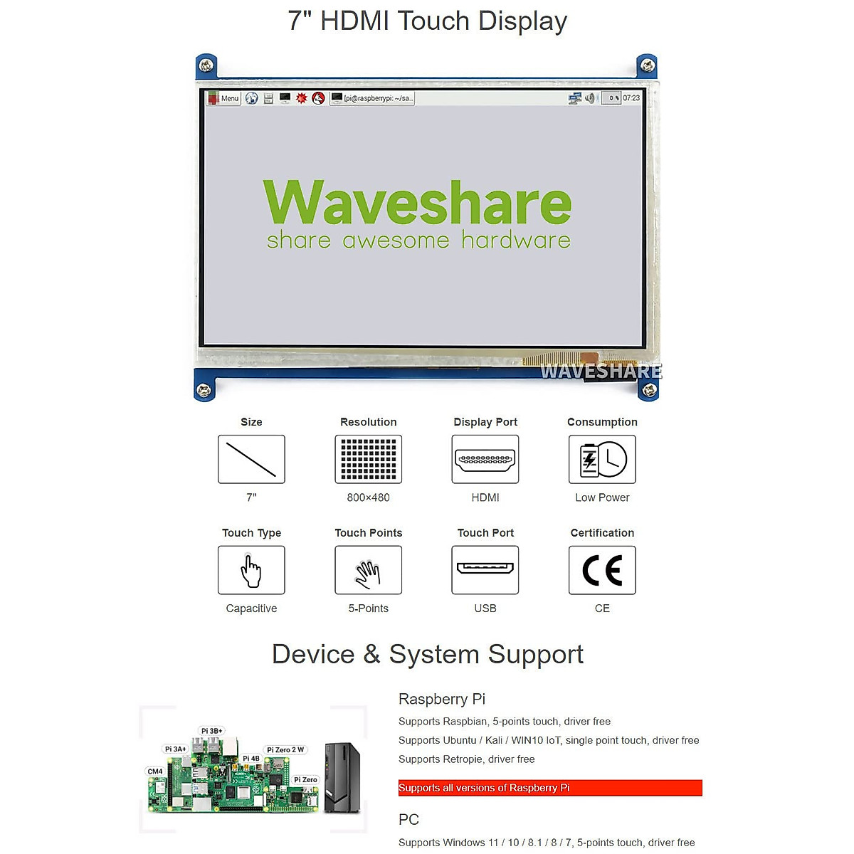 Waveshare 7inch HDMI LCD B for Various Systems Raspberry Pi/Raspberry Pi 3 Model B+ 800x480 Rev3.1 Capacitive Touch Screen LCD Display HDMI Interface.