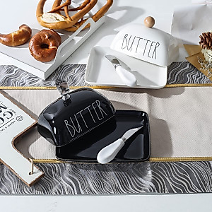 oskas Farmhouse Decorative Kitchen Countertop Porcelain Butter & Cream Cheese Dish with Lid,Butter Keeper with Cover for East West Coast Butter,White