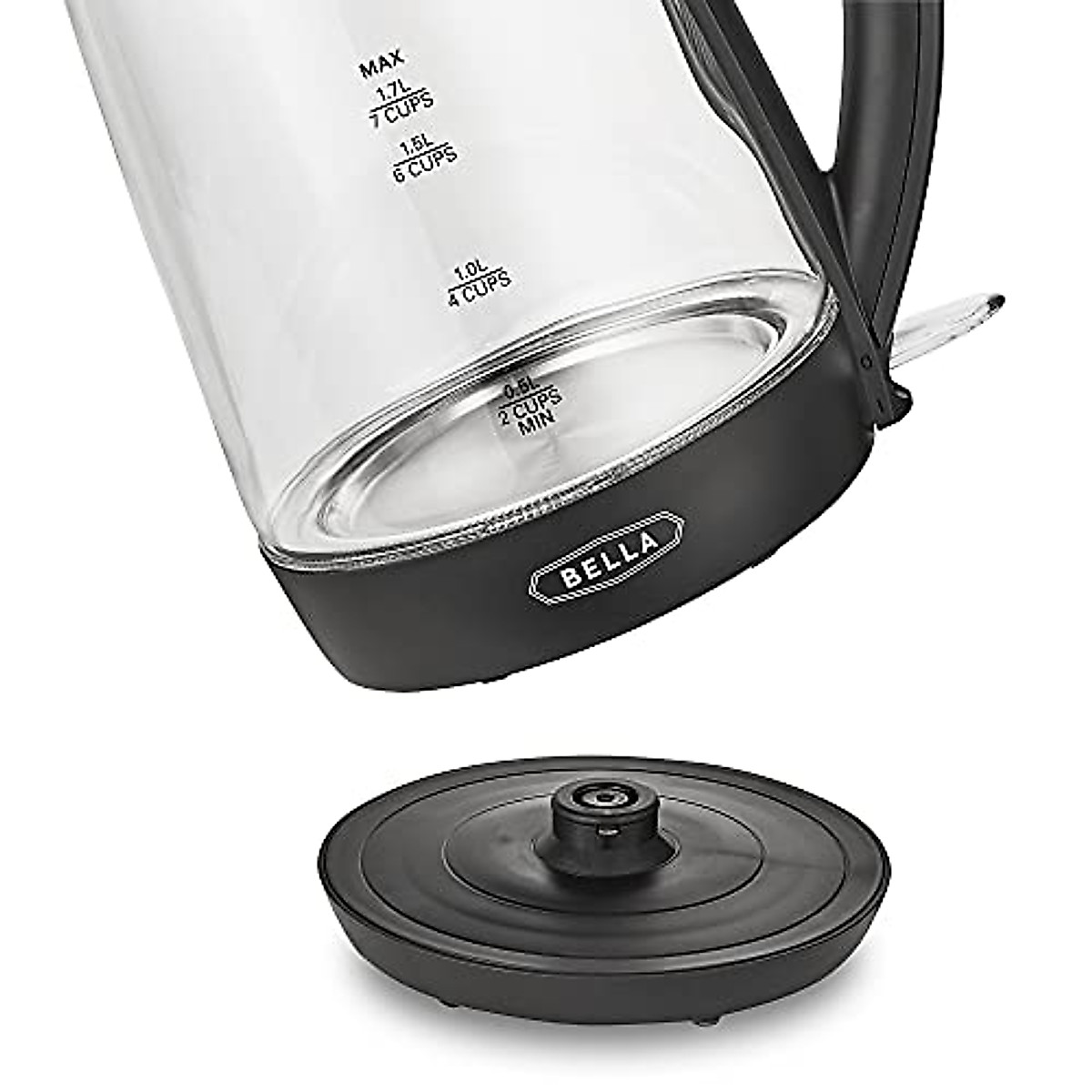 BELLA 1.7 Liter Glass Electric Kettle, Quickly Boil 7 Cups of Water in 6-7 Minutes, Soft Blue LED Lights Illuminate While Boiling, Cordless Portable Heater, Carefree Auto Shut-Off, Black