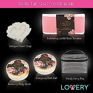 Valentines Day Home Spa Gift Basket, 8pc Bath & Body Set For Women and Men, Fresh Peony Scent - Contains Shower Gel, Bubble Bath, Lotion, Bath Salt, Body Scrub, Bath Soap, Back Scrubber & Cosmetic Bag