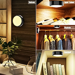 HELPLEX Puck Lights with Remote, Colors Changeable LED Puck Light Battery Powered Dimmable Under Cabinet Lights Wireless Under Counter Light RGBW Push Light, Timing & Memory Function, Black, 6 Pack