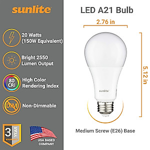 Sunlite 40235 LED A21 Light Bulb, 20 Watts (150w Equivalent), 2550 Lumens, Medium E26 Base, 120-227 Multi-Volt, Non-Dimmable, UL Listed, 5000K Super White, 6 Pack