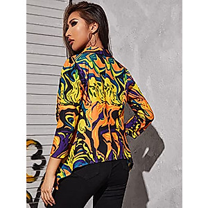 WDIRARA Women's Printed Open Front 3/4 Sleeve Blazer Ruffle Jacket Outerwear Printed Yellow L