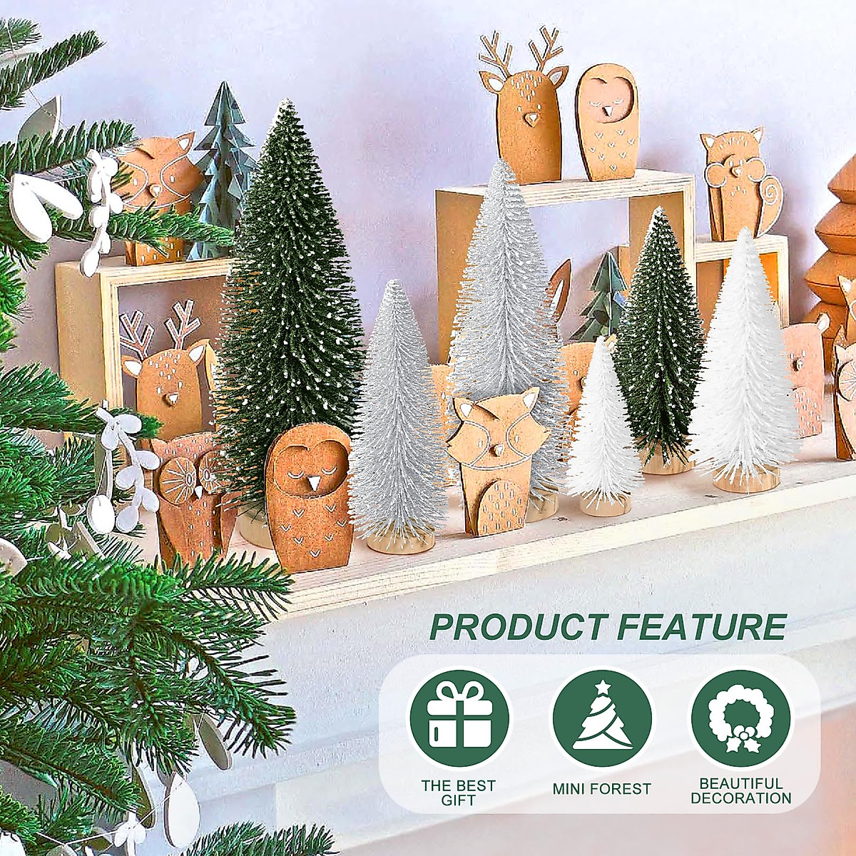 Hatisan Mini Christmas Trees with Wooden Base, Bottle Brush Artificial Trees for Tabletop Decor (Green, Silver, White)