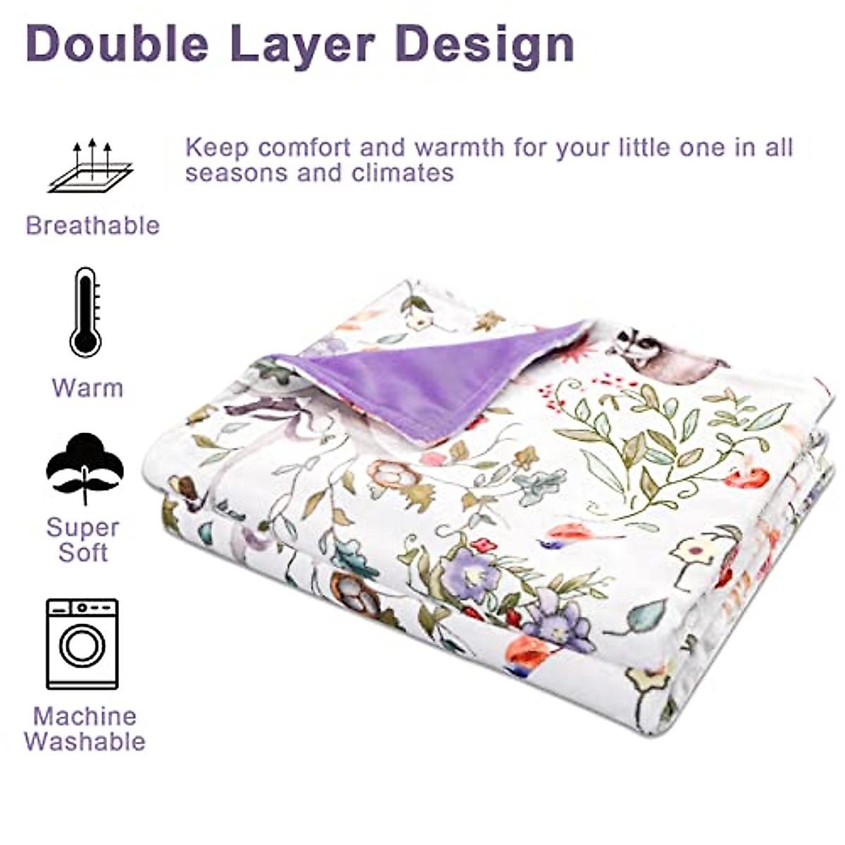 CARUILI Baby Blanket, Purple Fleece Baby Blankets for Boys Girls, Warm Soft Portable Toddler Minky Blanket with Woodland Animal Print, for Newborn Crib, Stroller, 30 x 40 Inch