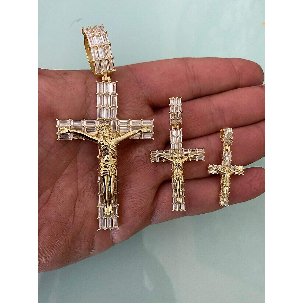 HarlemBling Real 925 Sterling Silver - 14k Gold Finish - Iced Baguette Cross W. Jesus Pendant - 3 Sizes Great For Any Necklace 1-2.5" (Medium 1.5")