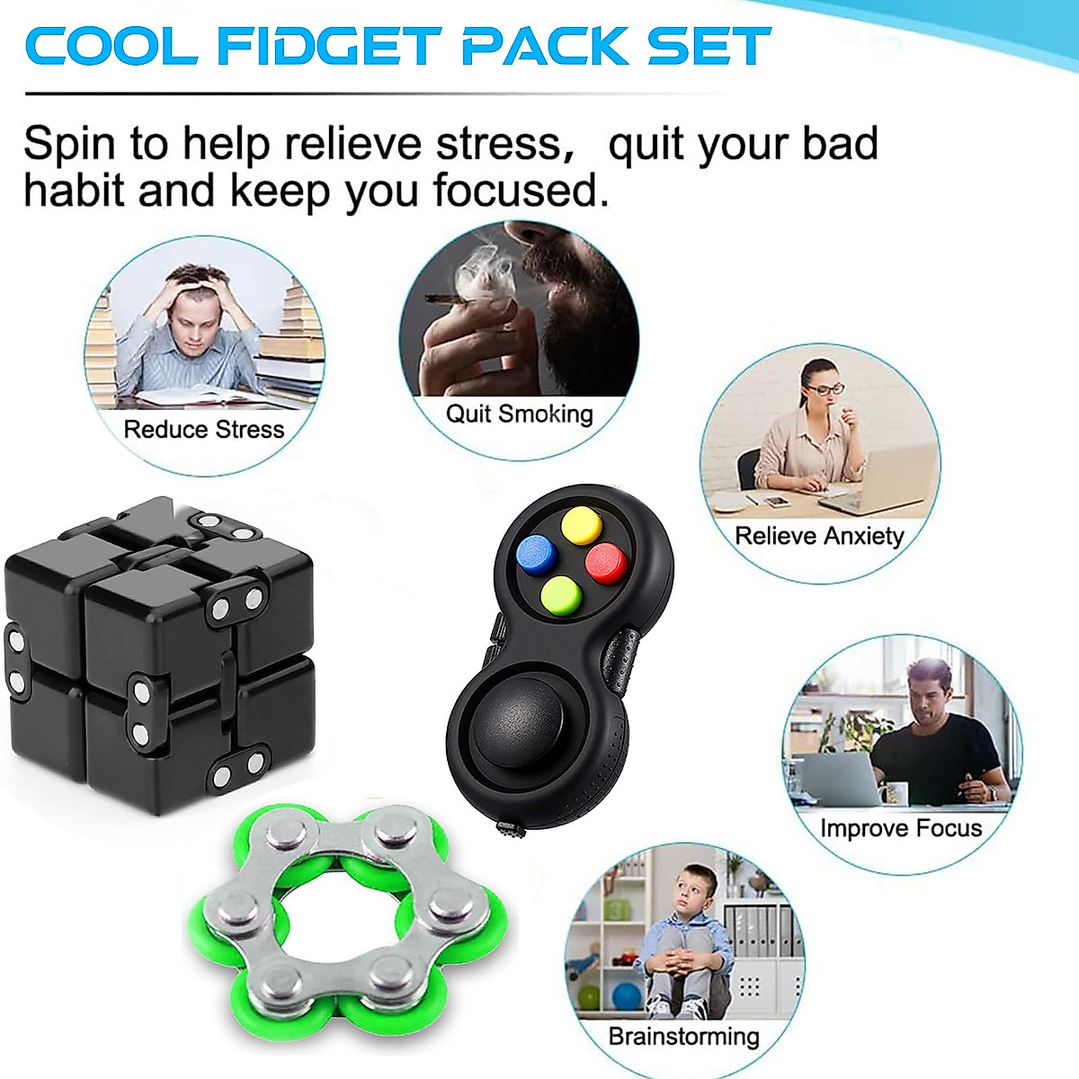 Cool Pop Fidget Toys Set, Fidget Pad Controller, Infintiy Cube, Pop Bubble, Sprocket Chain Gadget, Sensory Anti Anxiety Stress Relief Silicone Desk Toys,Party Favours Gifts for Kids Adults (4 Pack)