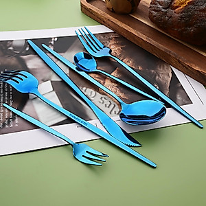 Uniturcky 62-Piece Blue Flatware Set for 8 Stainless Steel Silverware Set with Steak Knives, Plus Reusable Metal Straws and Butter Knives, Party Tableware Cutlery Set, Mirror Polished