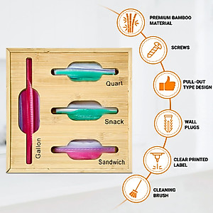 SYLAS LIFESTYLE Bamboo ziplock Bag Organizer – Kitchen drawer organizers and storage for Ziplock bags, Sandwich, Gallon, Quart, and Snack Bags included with a Cleaning Brush