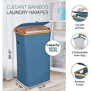 Royal Assad Large Collapsible Laundry Hamper with Lid - Foldable Bamboo Laundry Basket with 2 Removable Bags for Clothes, Towels, Bedroom, Bathroom - 27.2 Gallons (103L) - Dark Teal