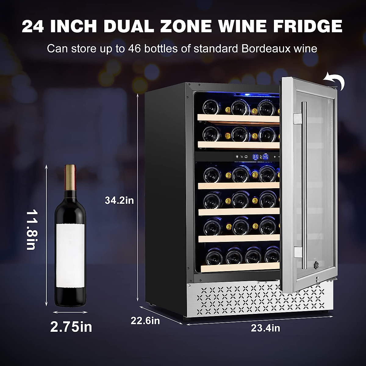Tylza 24 Inch Wine Cooler Refrigerator 46 Bottle Dual Zone Built-in or Freestanding 24'' Wine Fridge with Stainless Steel & Professional Compressor and Temperature Memory Function