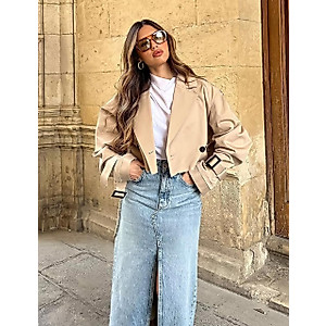 Faleave Womens Cropped Jacket Long Sleeve Belted Trench Coat Solid Color(Khaki-M)