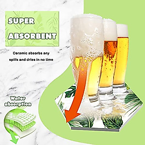 6 Pcs Plant Coasters with Holder Gold Absorbent, Drink Coasters Hexagon Farmhouse Ceramic Table Coaster Set Cute Coasters, Decorative Bar Wine Coasters Coffee Cup Coasters, Greenery Leaves Design