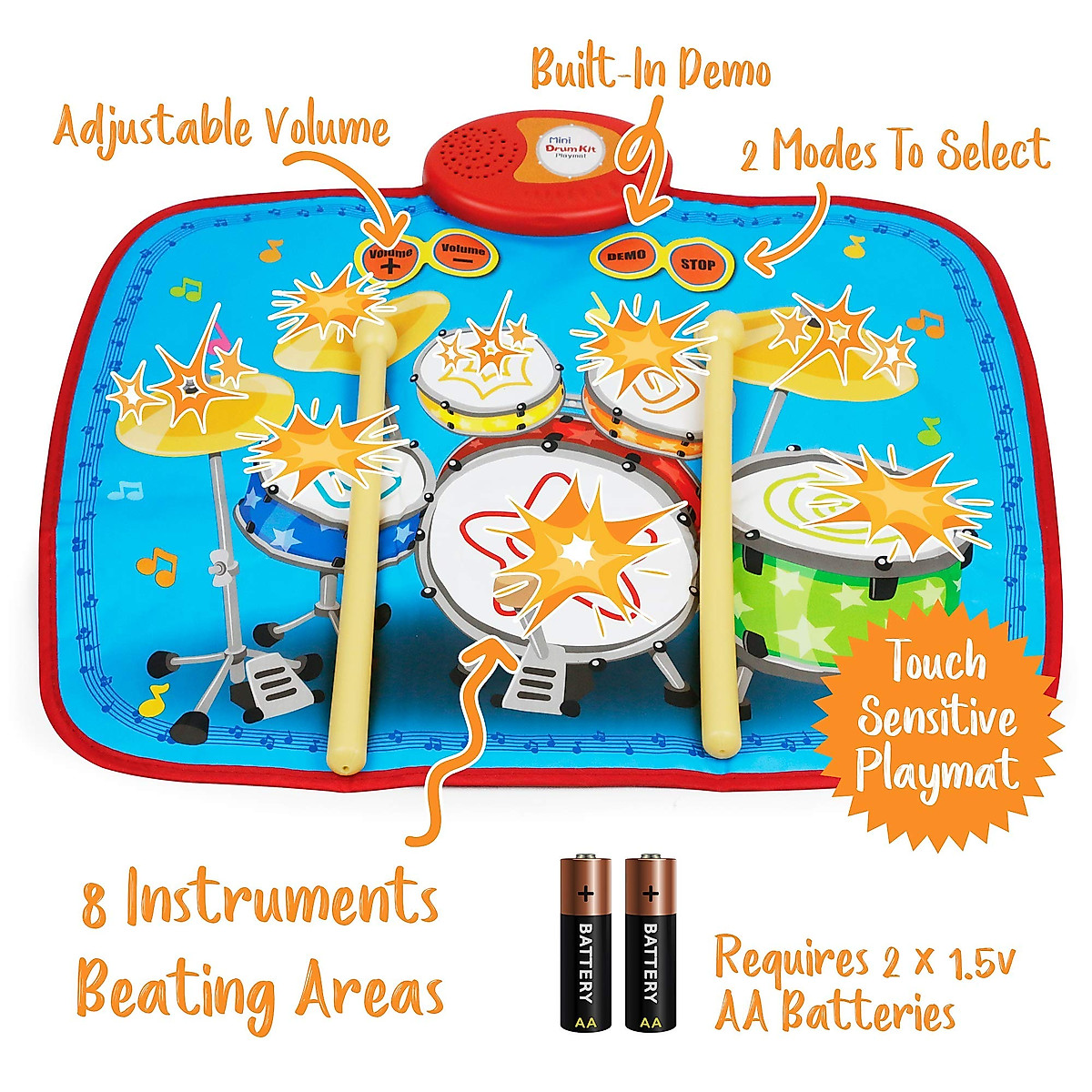 Bambiya Kids Electric Drum Set - Touch-Sensitive Baby Musical Toy Drum Pad for Kids with 8 Drumming Areas, 2 Play Modes & Adjustable Volume - Toddlers Infants Baby Toys for 3 Year Old Boys Girls