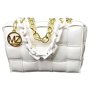 MariaKinz VEGAN Leather Woven Crossbody/Shoulder Handbag Purse for Women, With Matching Acrylic Tote Handle (White)