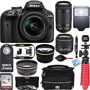 Nikon D3400 24.2MP DSLR Camera w/AF-P 18-55 VR & AF-P DX 70-300mm VR Dual Lens Accessory Bundle - (Renewed) (Black)
